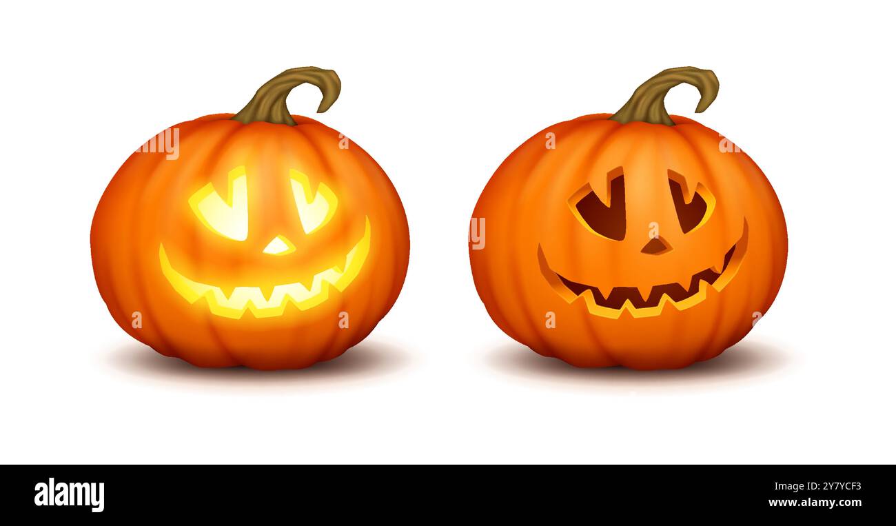 Lit and dark smiling jack-o-lanterns realistic icons set Stock Vector ...