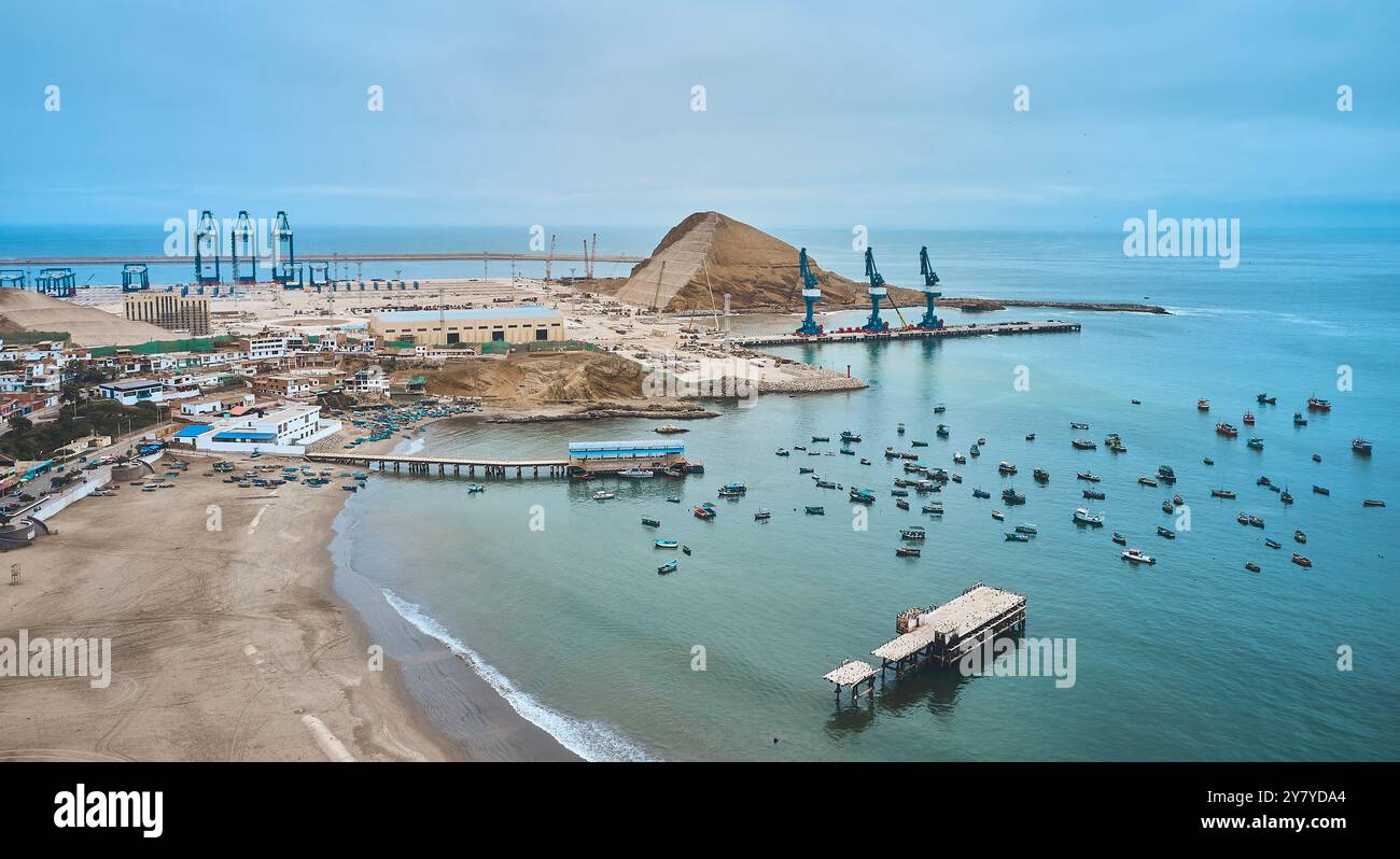 Aerial view of Chancay Mega seaport. Located in Peru, under ...