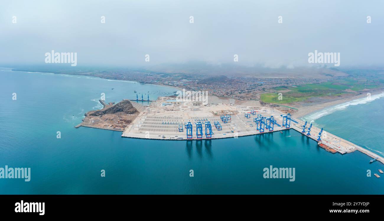 Panoramic view of Chancay Mega seaport. Located in Peru, under ...