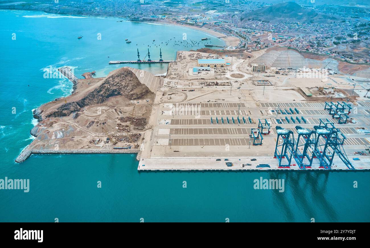 Panoramic view of Chancay Mega seaport. Located in Peru, under ...