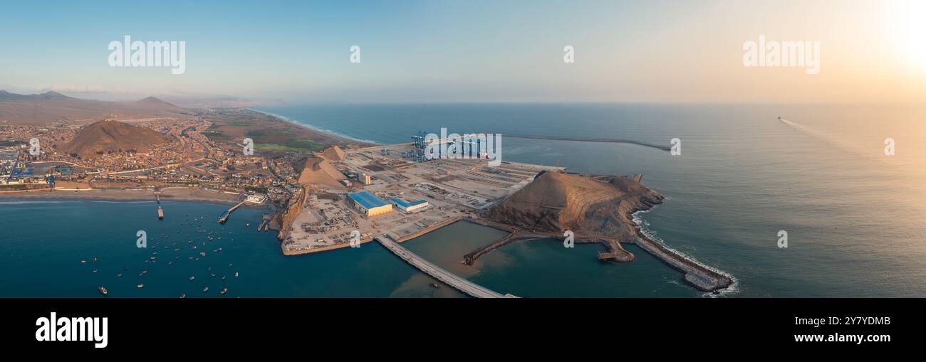 Aerial view of Chancay Mega seaport. Located in Peru, under ...