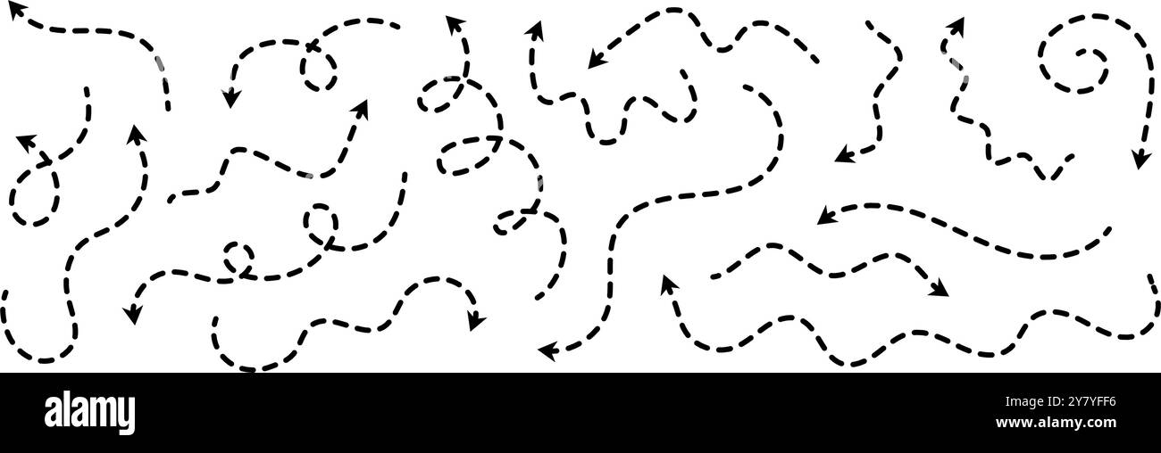 Black dotted thin arrows set. Wavy and curved dashed pointers ...