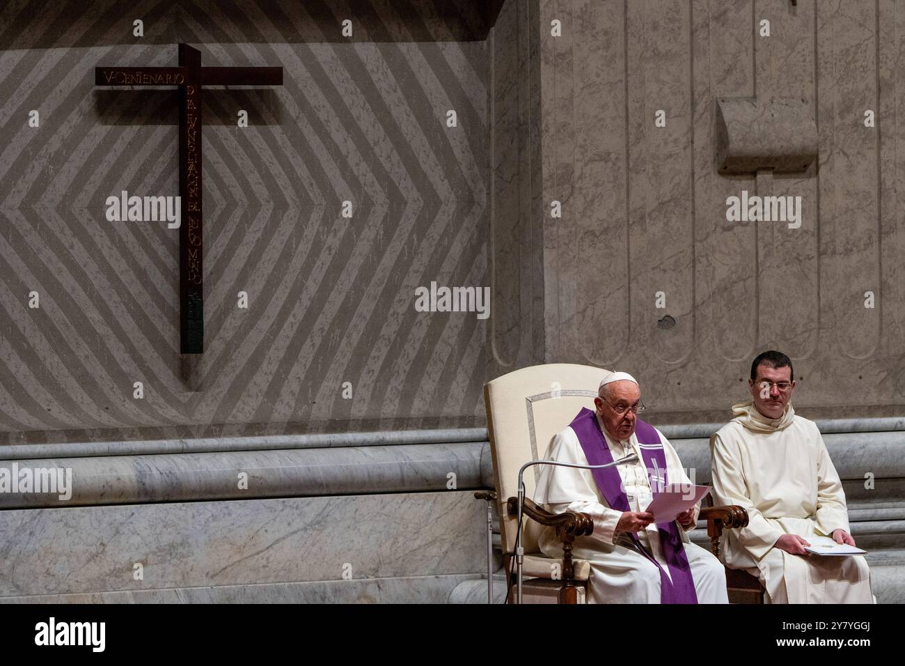 Pope Francis delivers his speech during the Synod penitential service ...