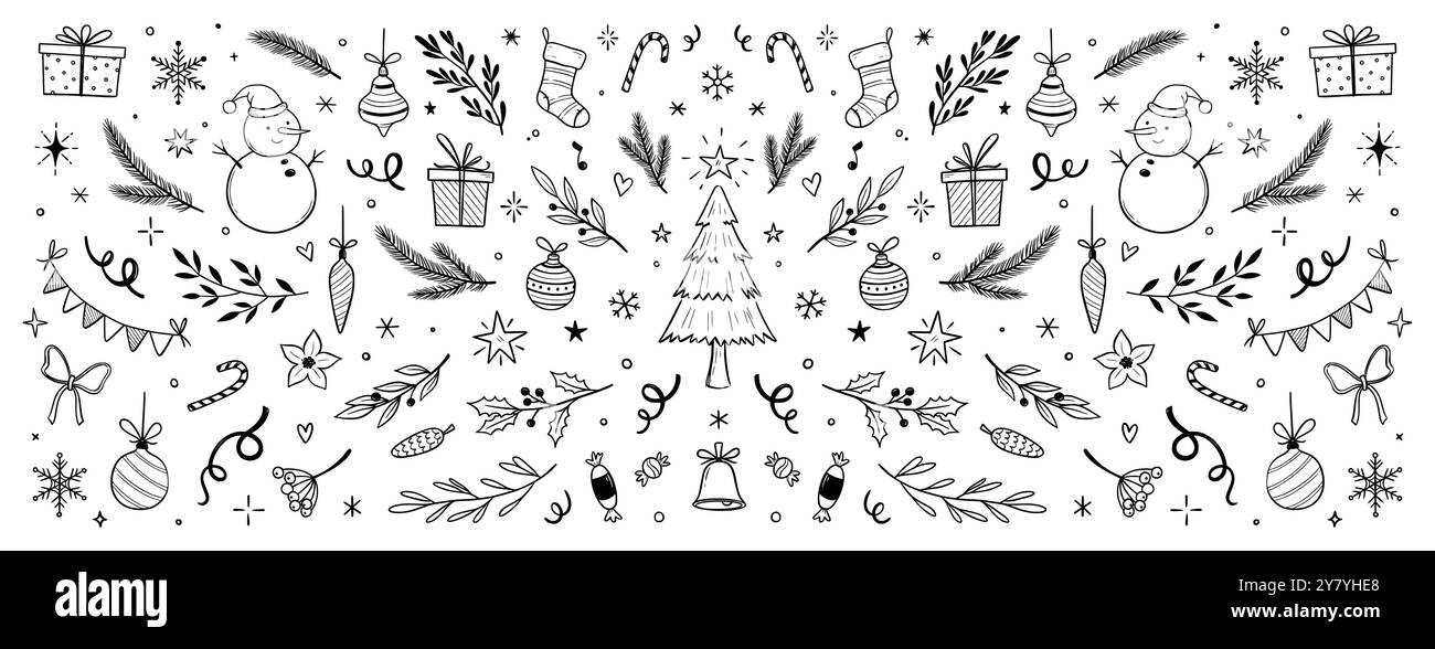 Christmas drawn holly line decor, pine branch, snowflake background ...