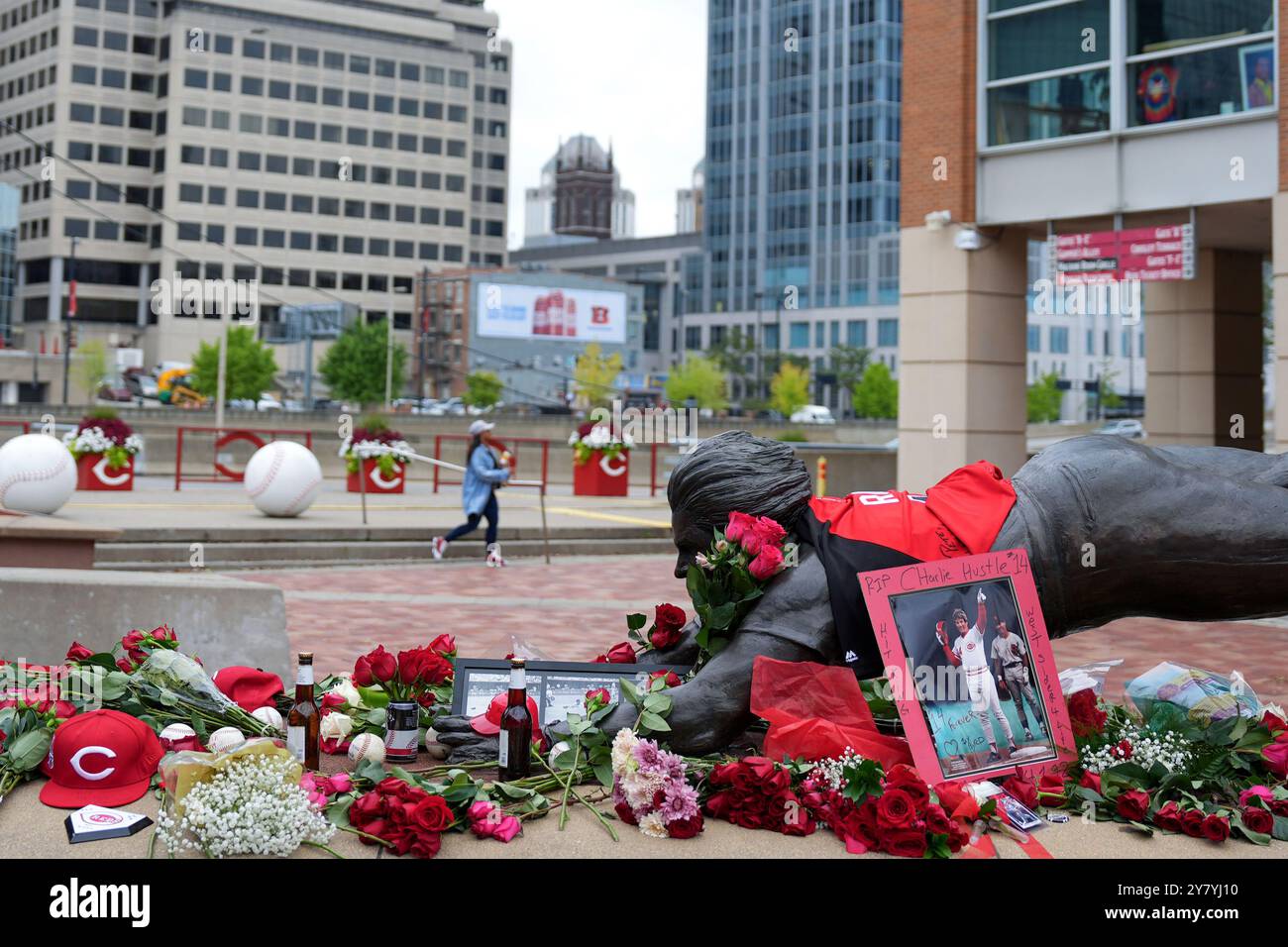 Fans visit the statue of Cincinnati Reds legend Pete Rose, Tuesday, Oct ...