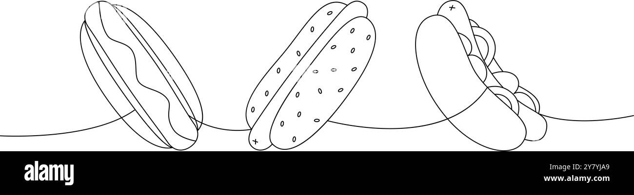 Hot dog set one line continuous drawing. Long buns, wiener sausage ...