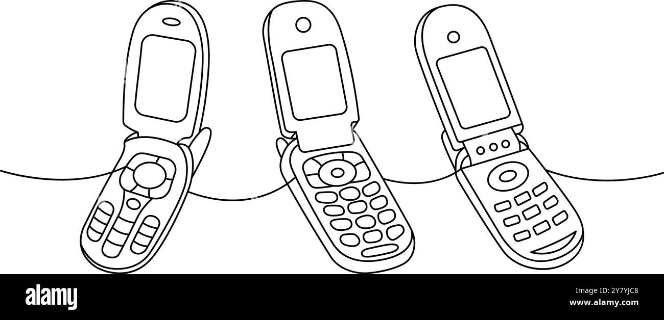 Mobile flip phones one line continuous drawing. Old communication ...