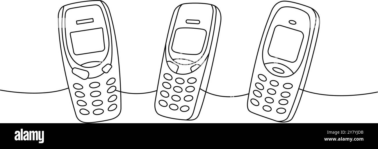 Old mobile phones set one line continuous drawing. Old communication ...