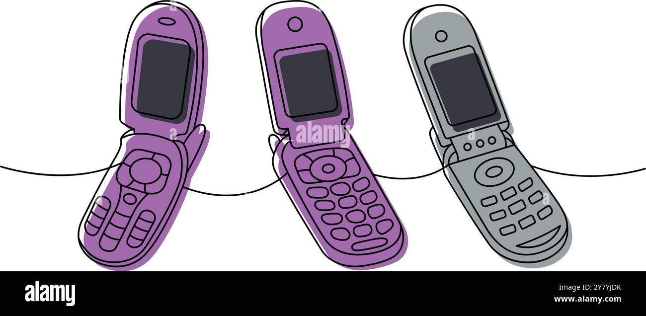Mobile flip phones one line colored continuous drawing. Old ...