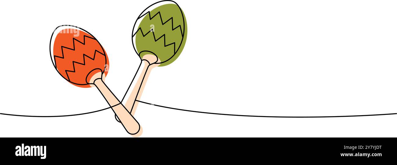 Wood maracas one line colored continuous drawing. Mexican musical ...