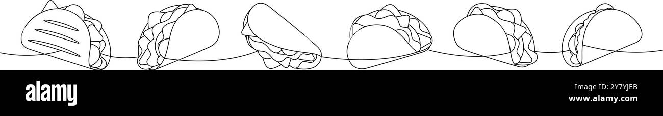 Tacos set one line continuous drawing. Mexican cuisine restaurant food ...