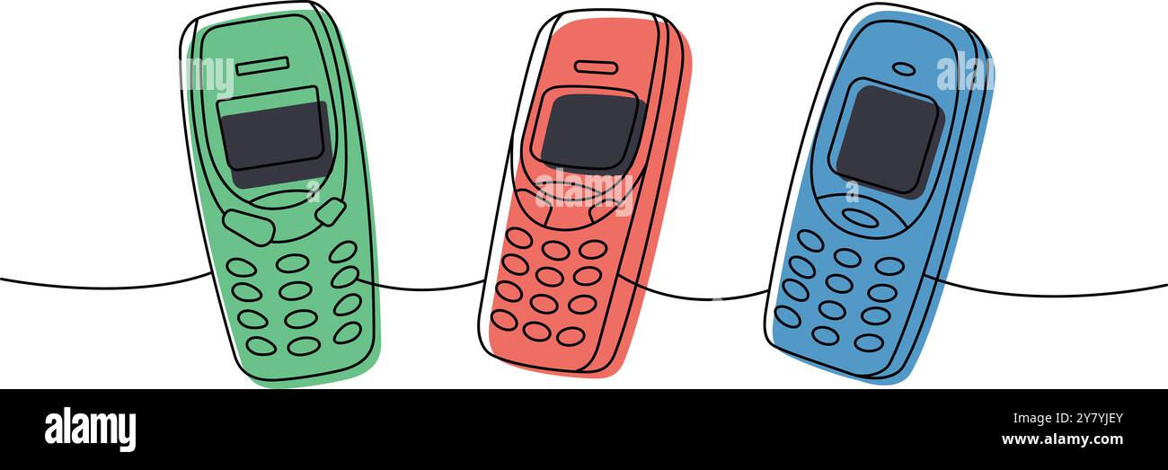 Old mobile phones set one line colored continuous drawing. Old ...