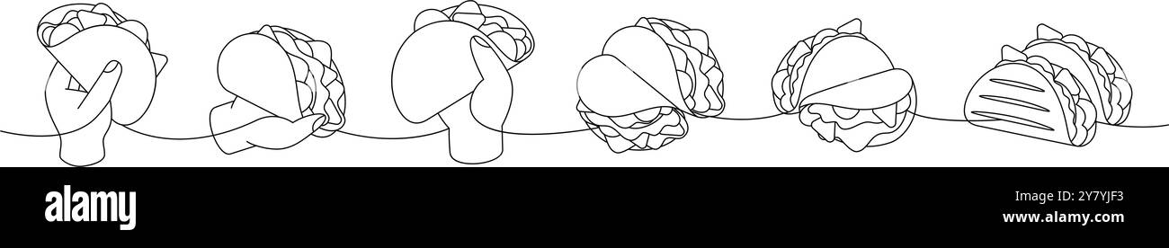 Tacos one line continuous drawing. Tacos tortilla with meat with ...