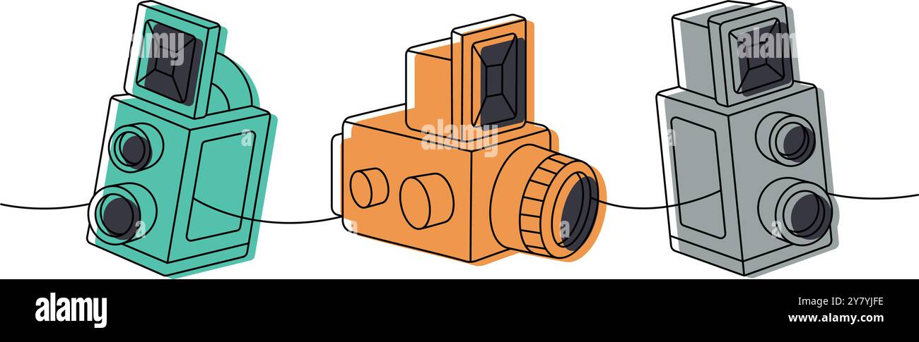 Old film camera, retro photo camera one line colored continuous drawing ...