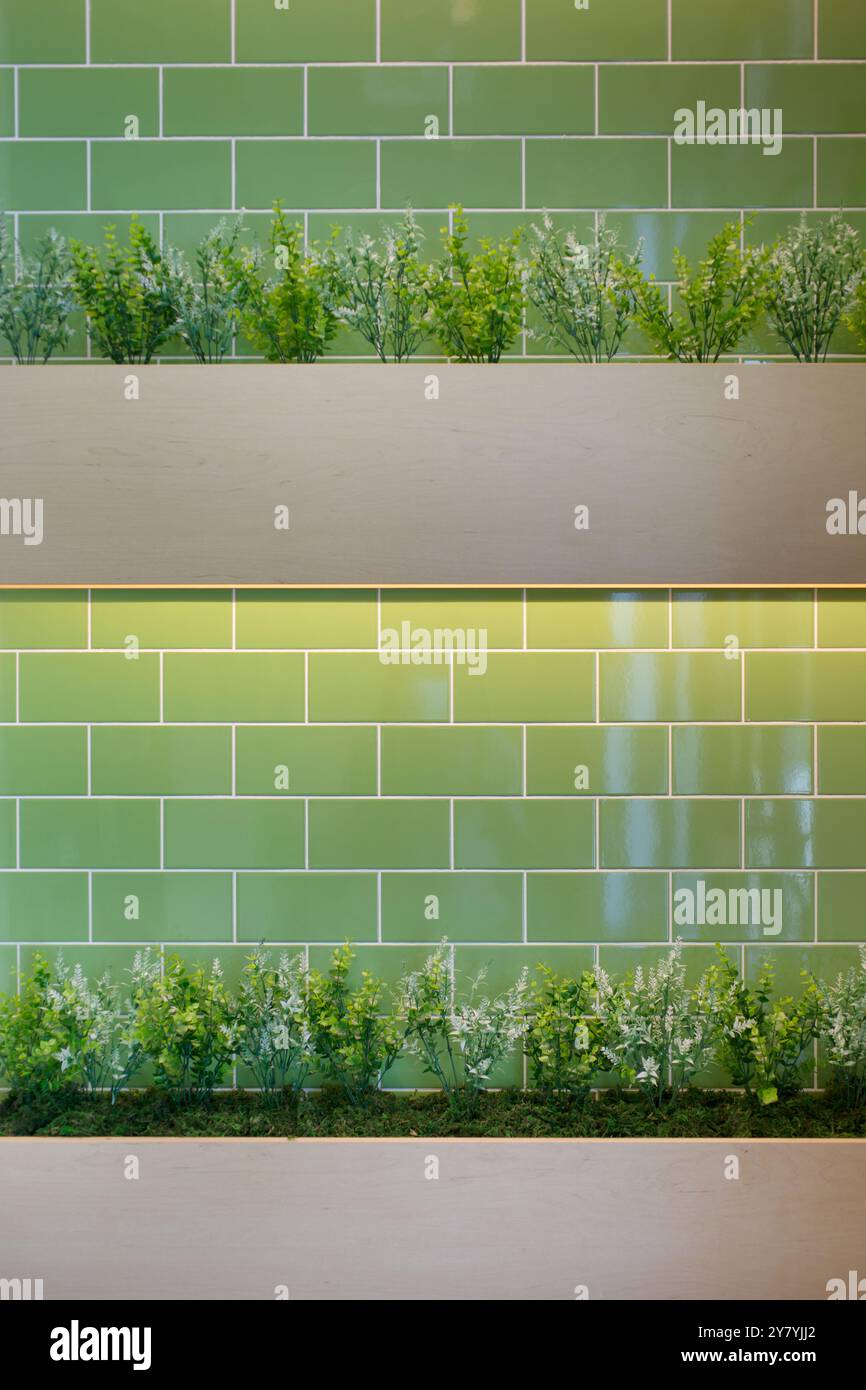 A view of an indoor green subway tile background, featuring plastic ...
