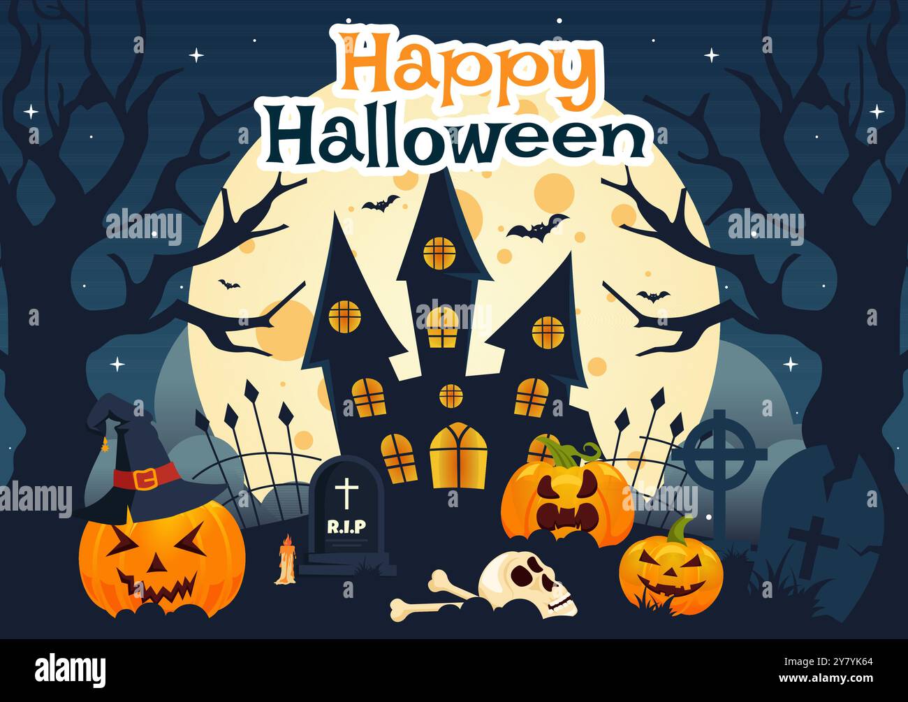 Happy Halloween Night Vector Illustration featuring Pumpkins in the ...