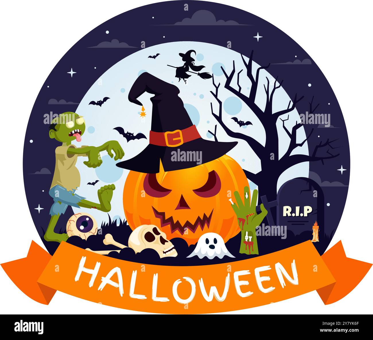Happy Halloween Night Vector Illustration featuring Pumpkins in the ...