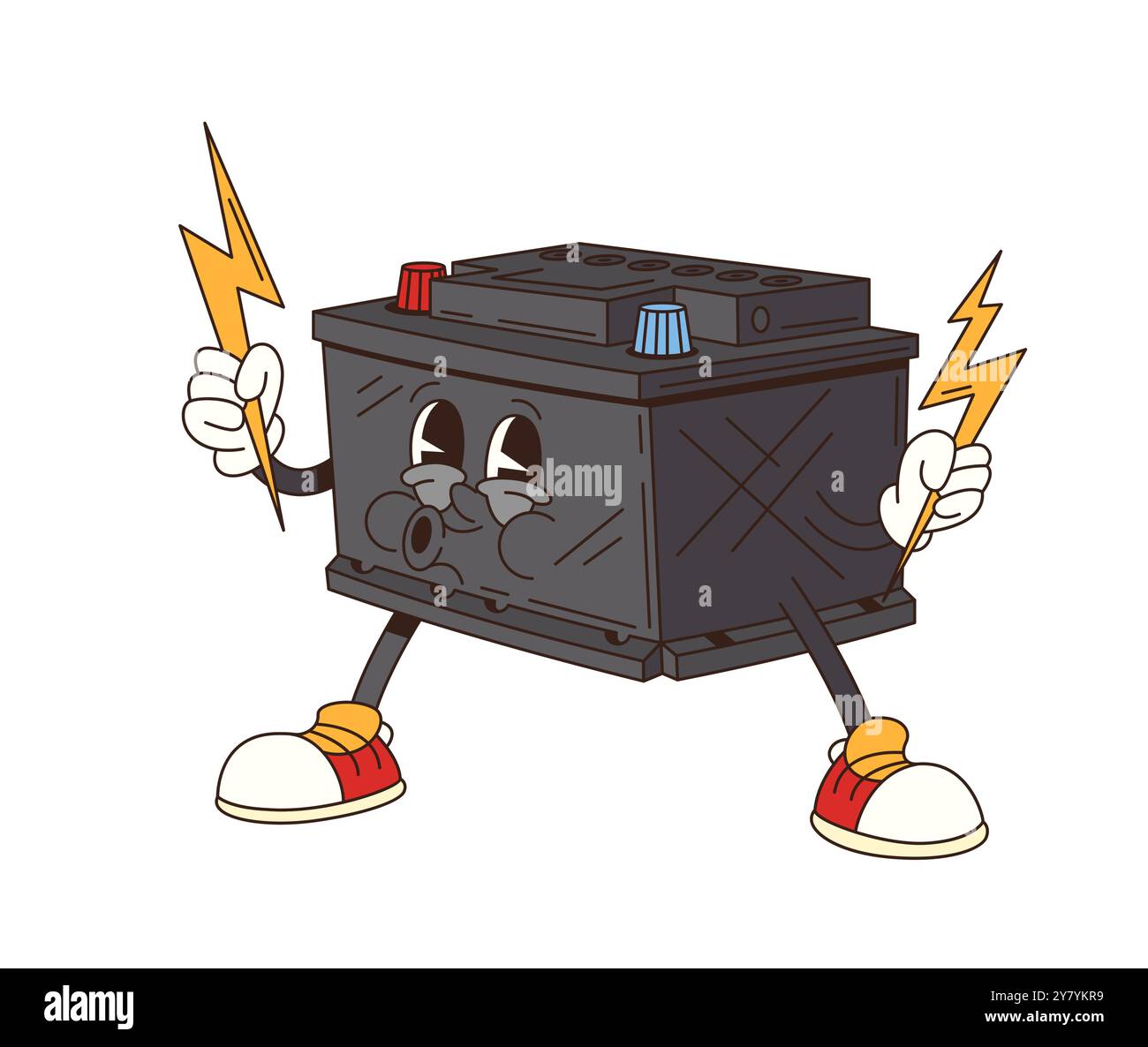 Cartoon retro groovy car battery character with funky face for car ...