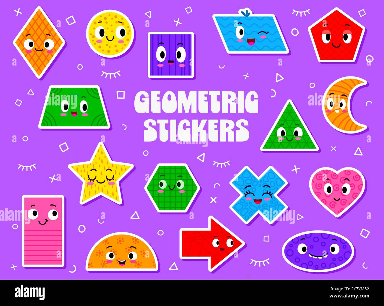 Math figure shape stickers and cartoon funny geometric characters ...
