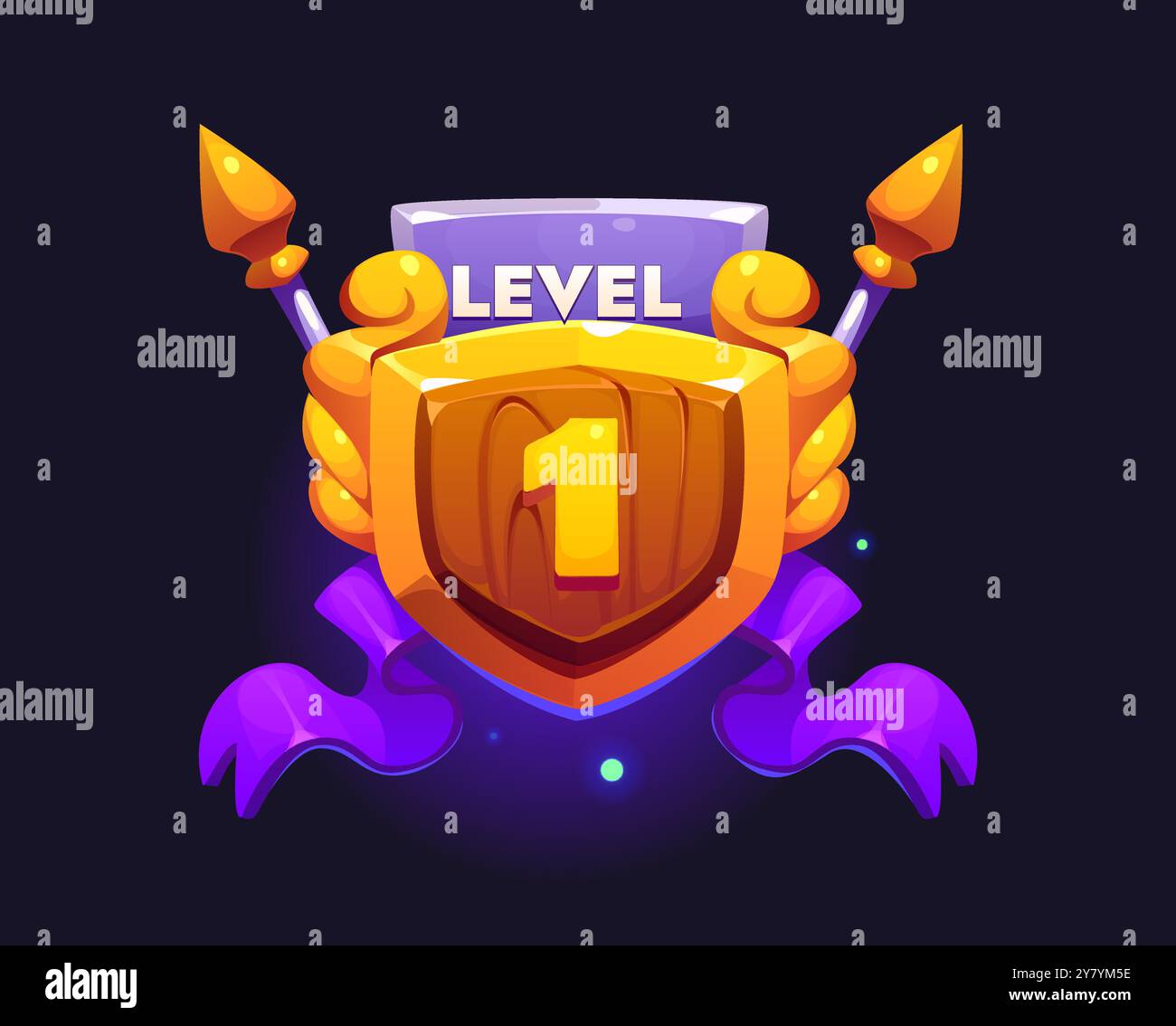 Game level up badge icon, victory rank shield, featuring a number one ...
