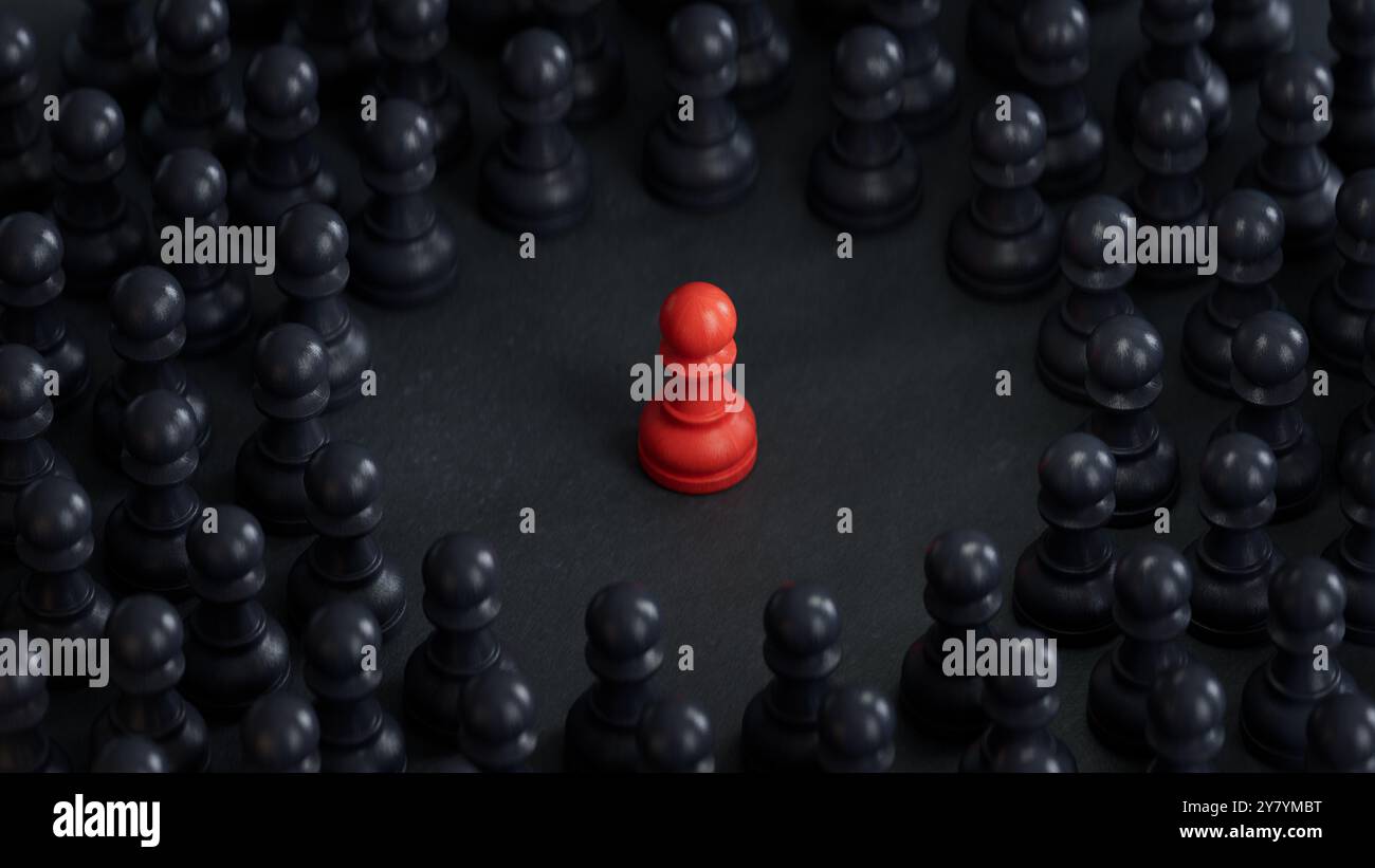 3D illustration of black pawns around a RED one standing out from the ...