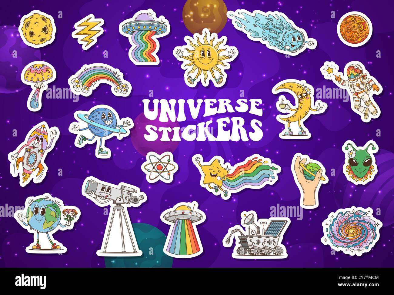 Groovy space stickers pack. Earth, rocket, astronaut and ufo. Rainbow ...