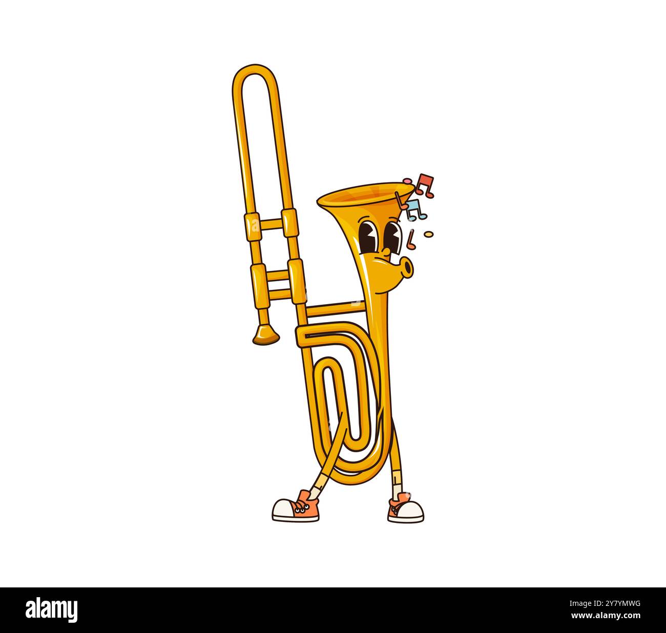 Cartoon trombone groovy musical instrument character whistling a melody ...