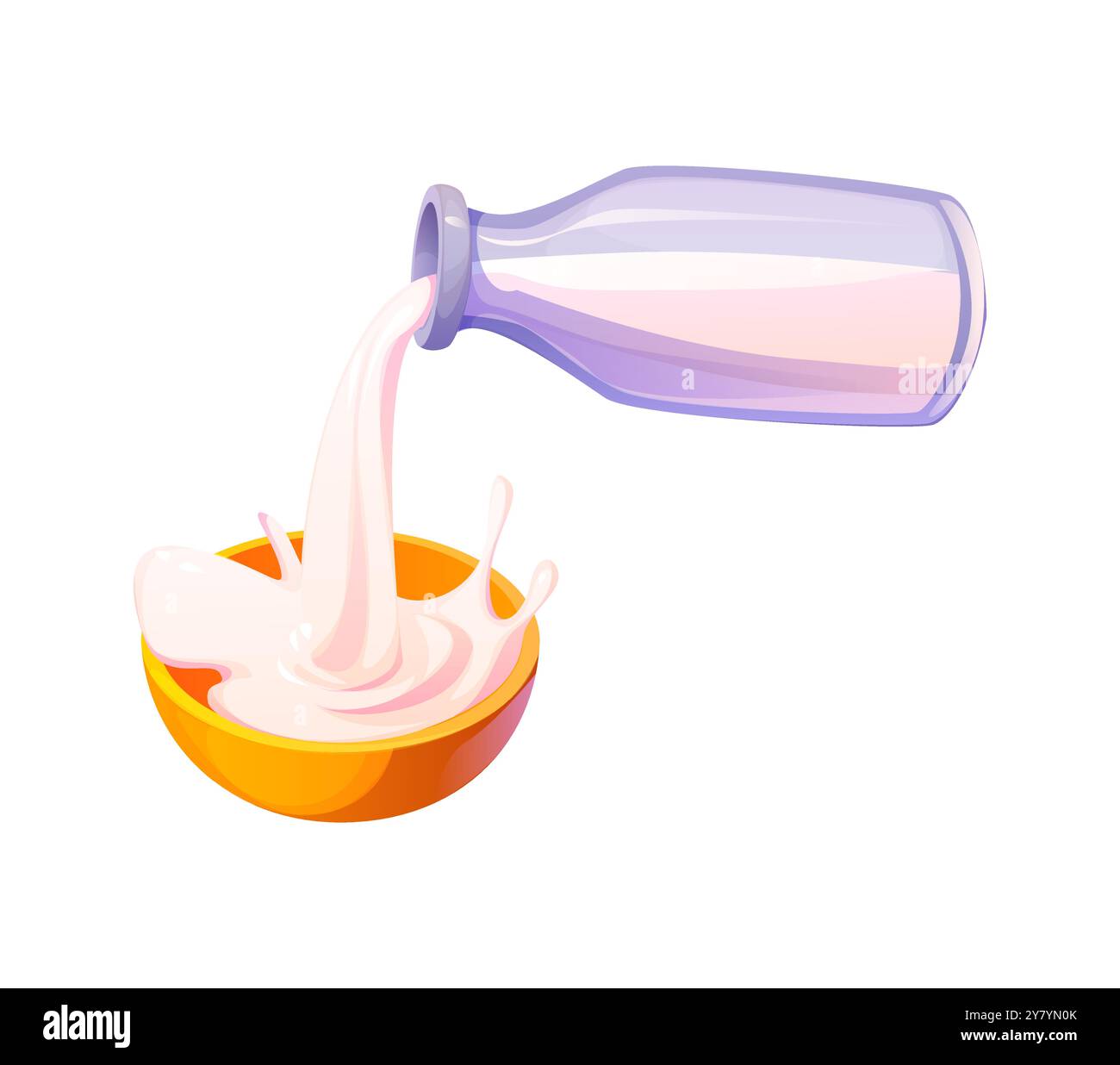 Milk pouring from a transparent bottle into a yellow bowl showcase ...