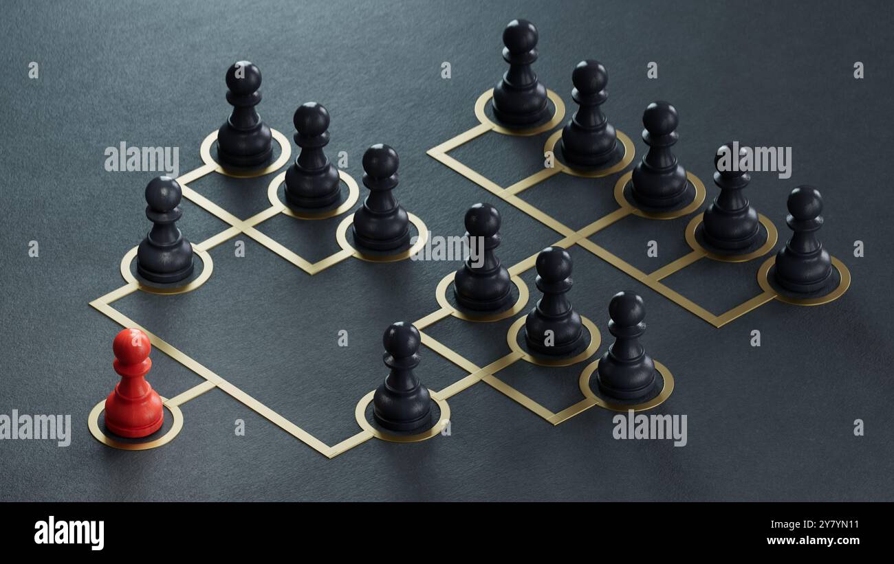 3D illustration of many pawns and RED organizational scheme over black ...
