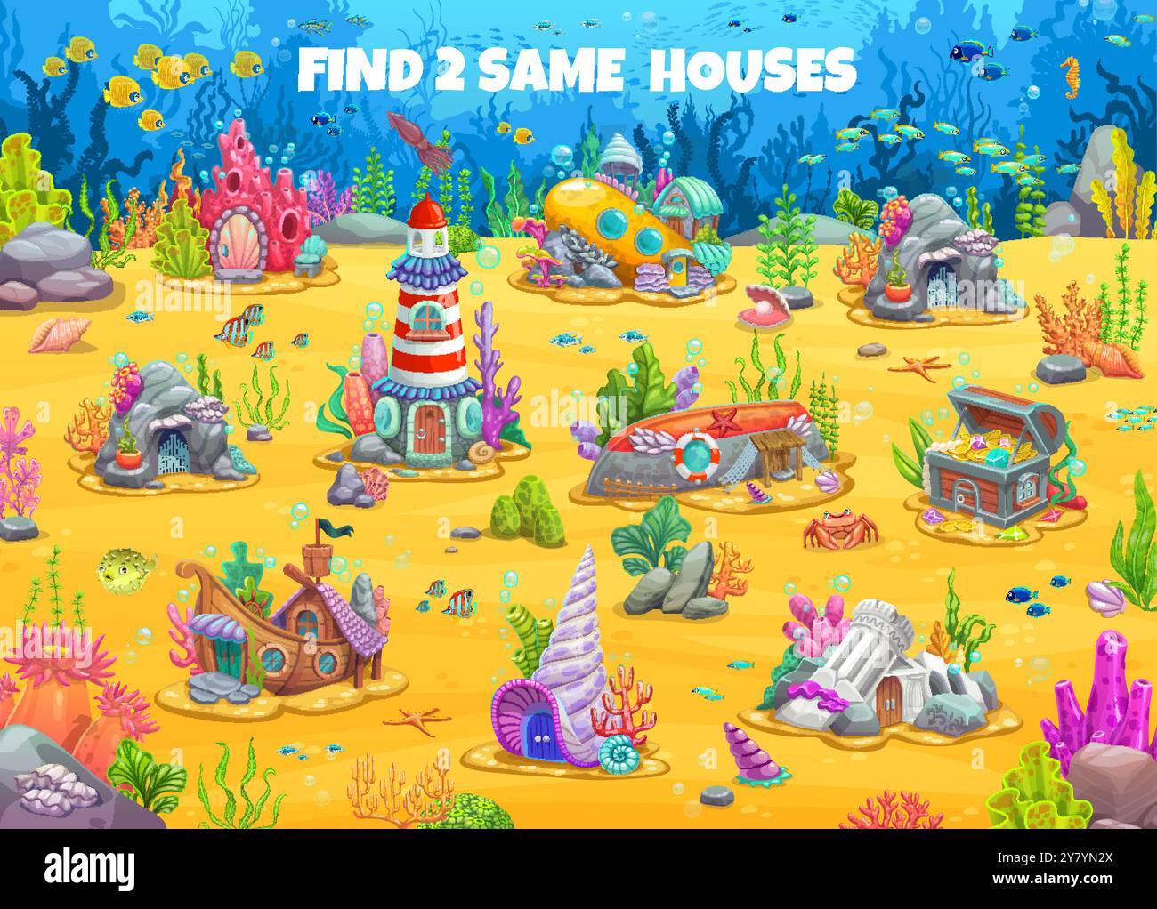 Kids game to find two same underwater fairytale houses or undersea ...