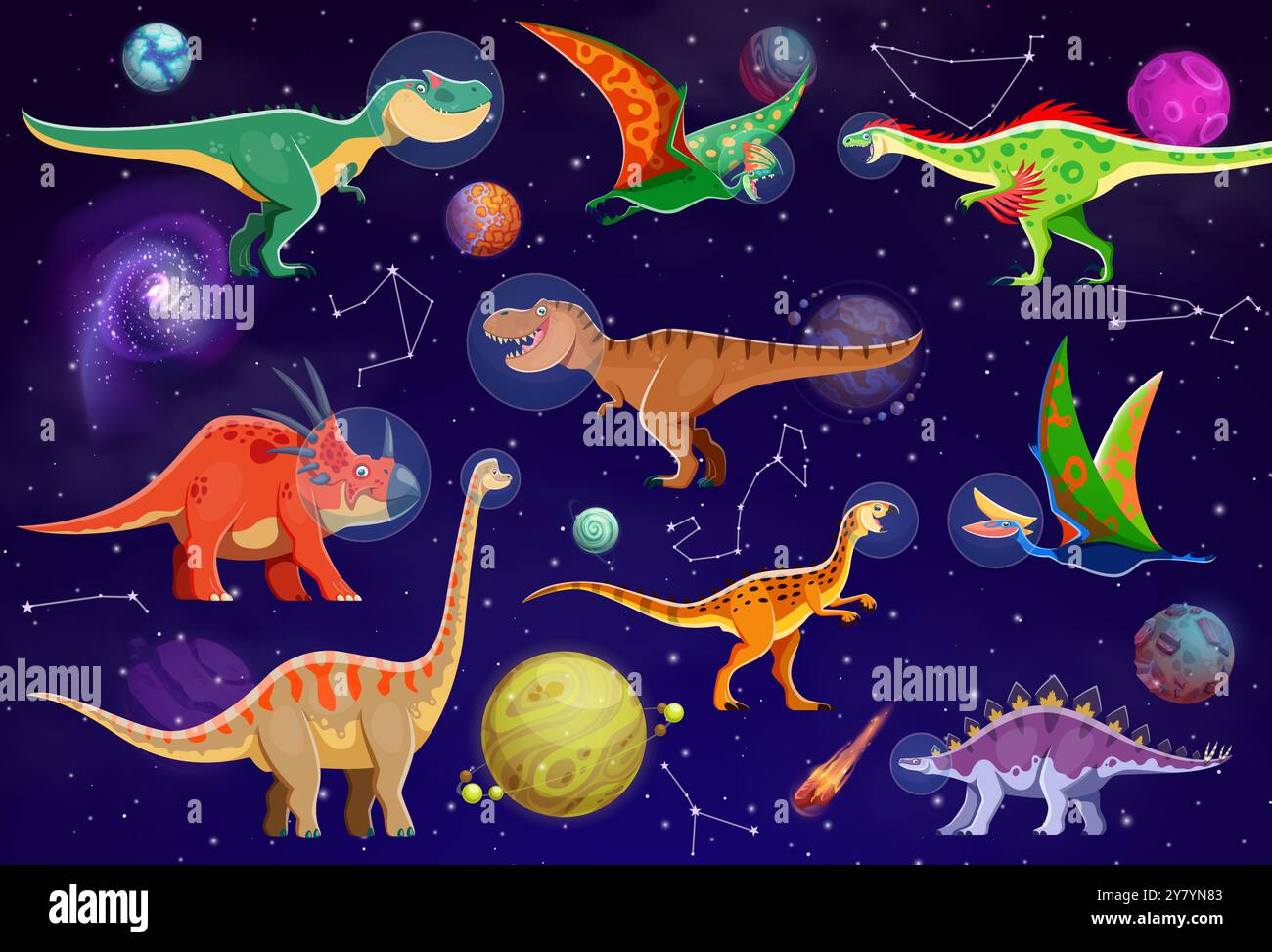Funny dinosaur astronauts in space, cartoon prehistoric lizards with ...