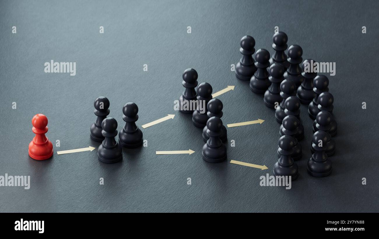 3D illustration of pawns over black background showing the principle of ...