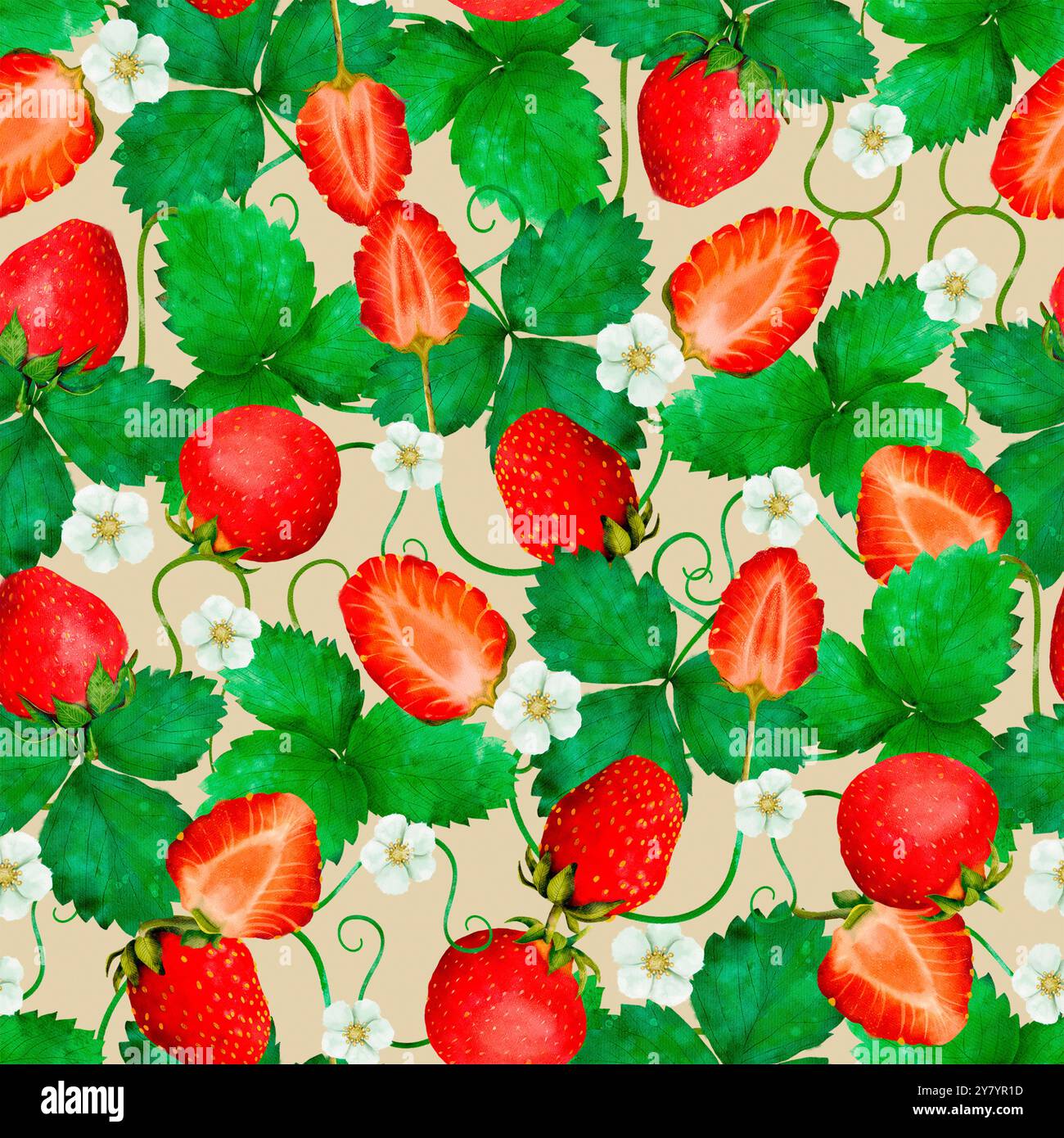 A colorful illustration featuring strawberries, leaves, and flowers ...
