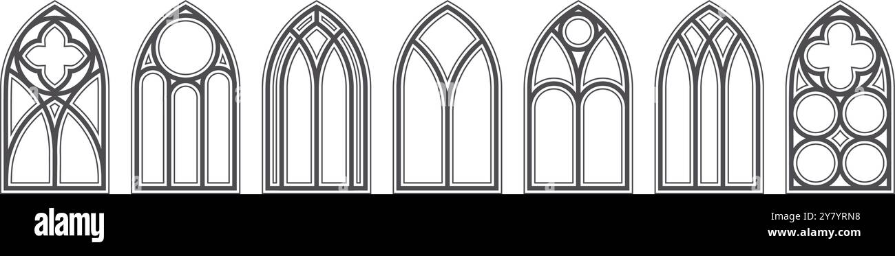 Gothic church windows. Cathedral stained glass arches. Vector frame ...