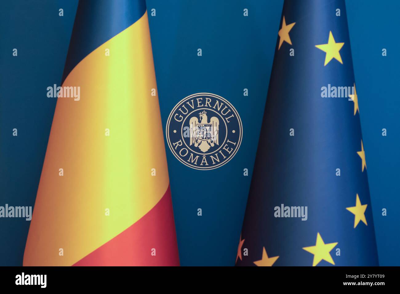 Romanian Government logo between the Romanian and European Union flags ...