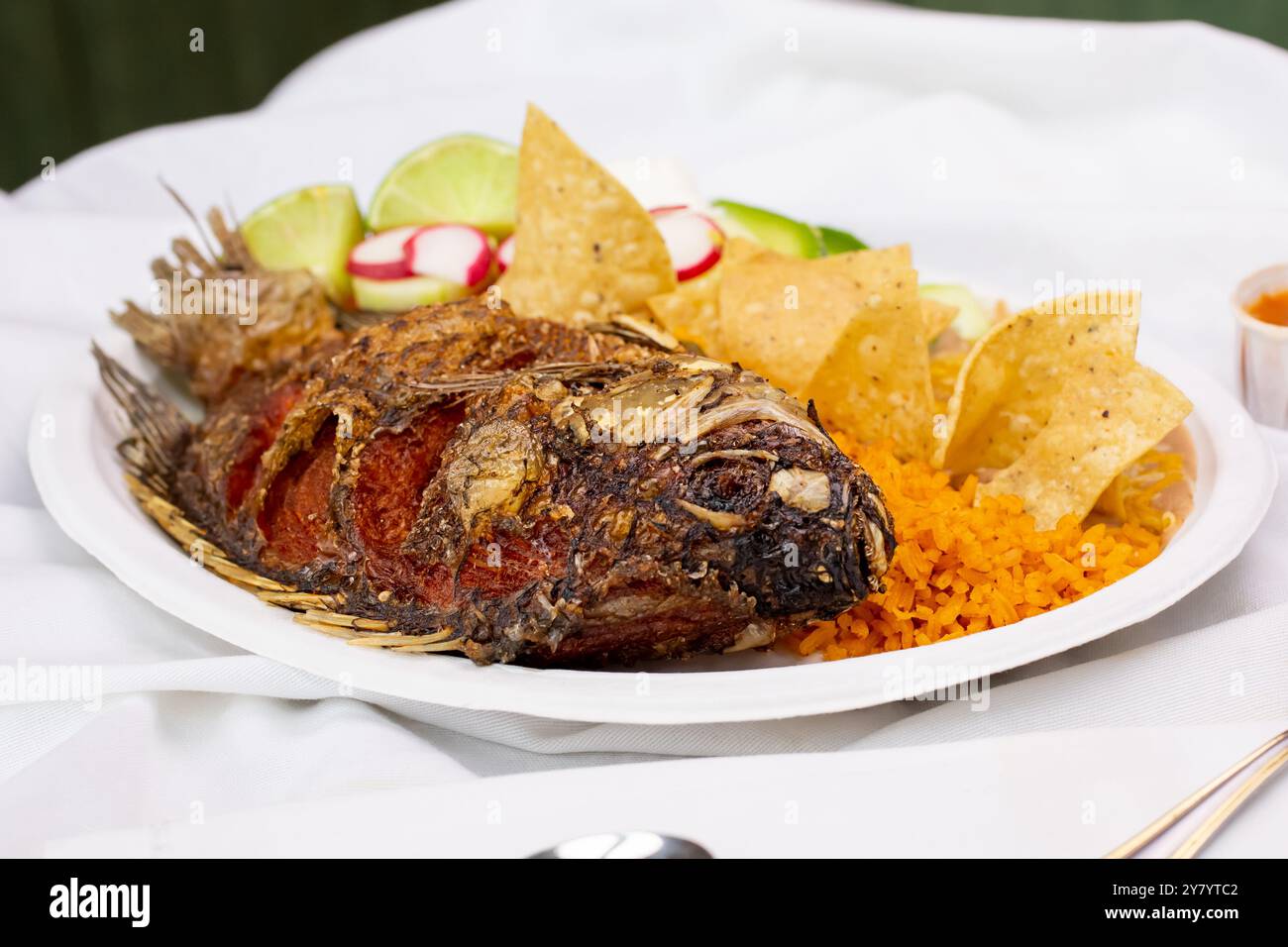 A view of a plate of fried tilapia, also known as mojarra frita Stock ...