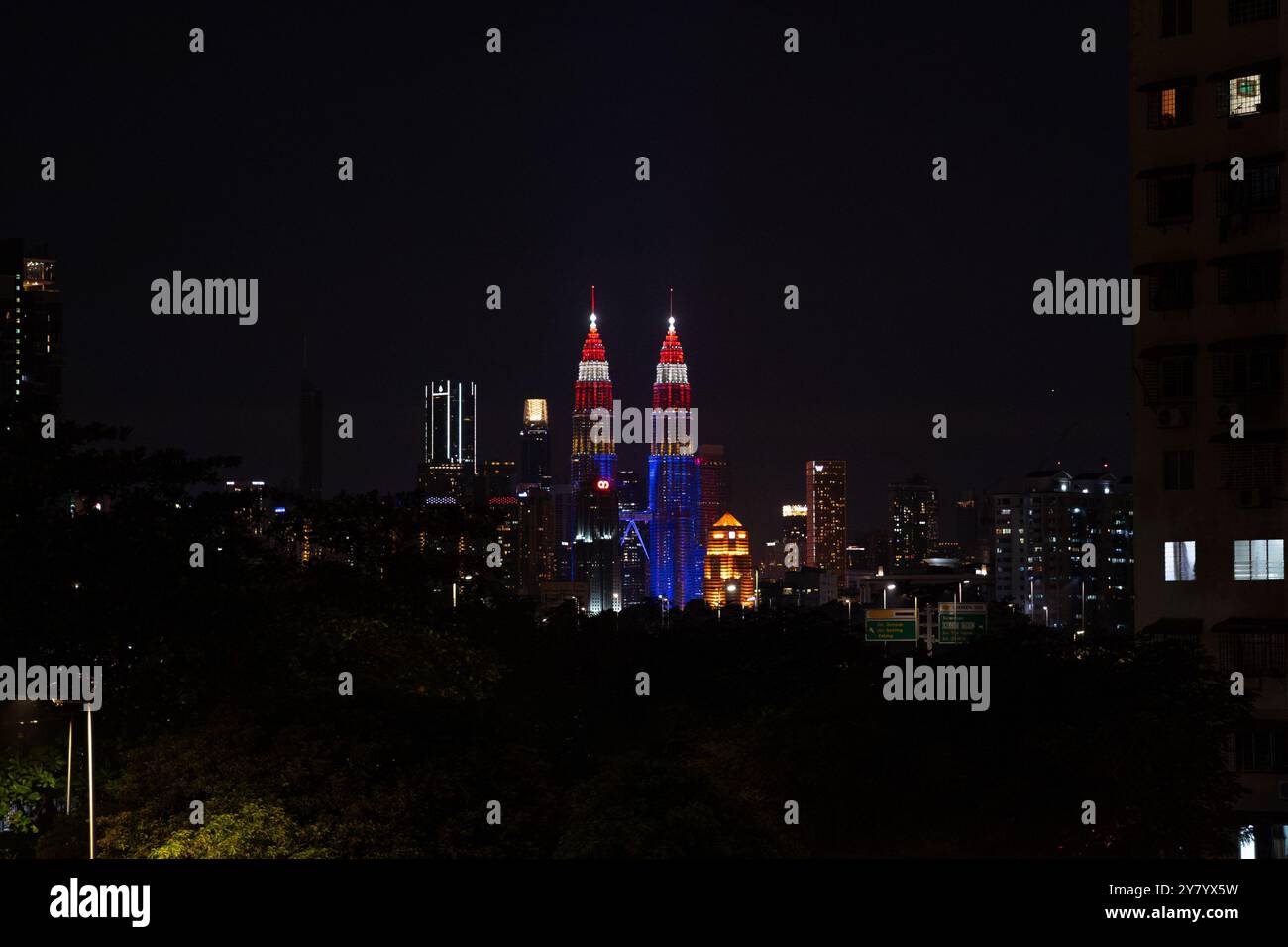 Close up night view of Petronas twin tower or KLCC with Malaysian light ...