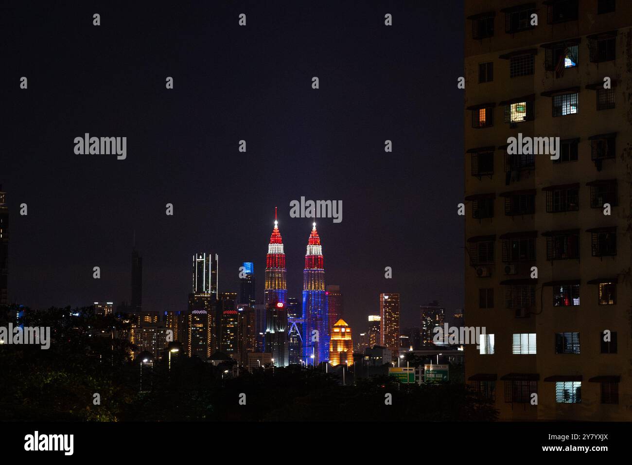 Close up night view of Petronas twin tower or KLCC with Malaysian light ...