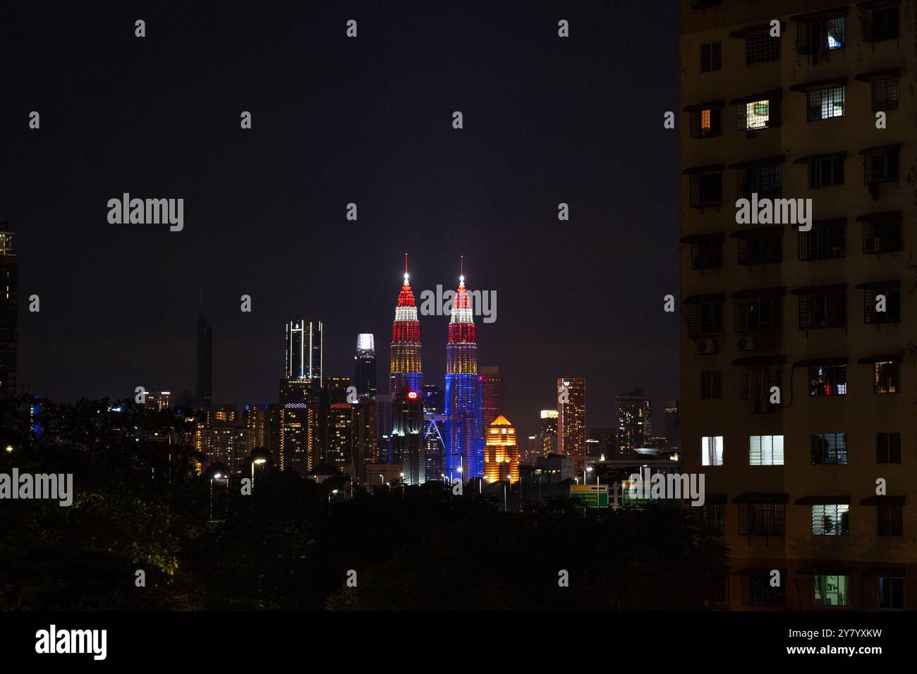 Close up night view of Petronas twin tower or KLCC with Malaysian light ...