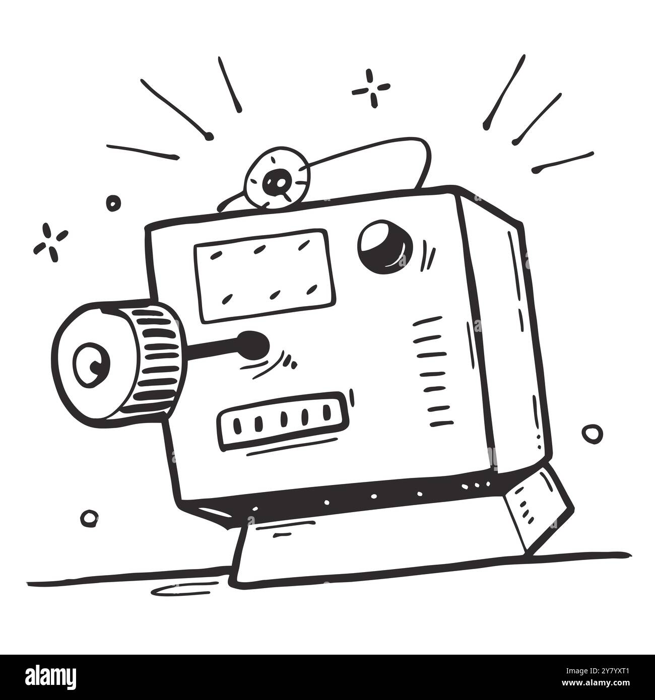Hand drawn cartoon robot with a single eye. a screen. and a small ...