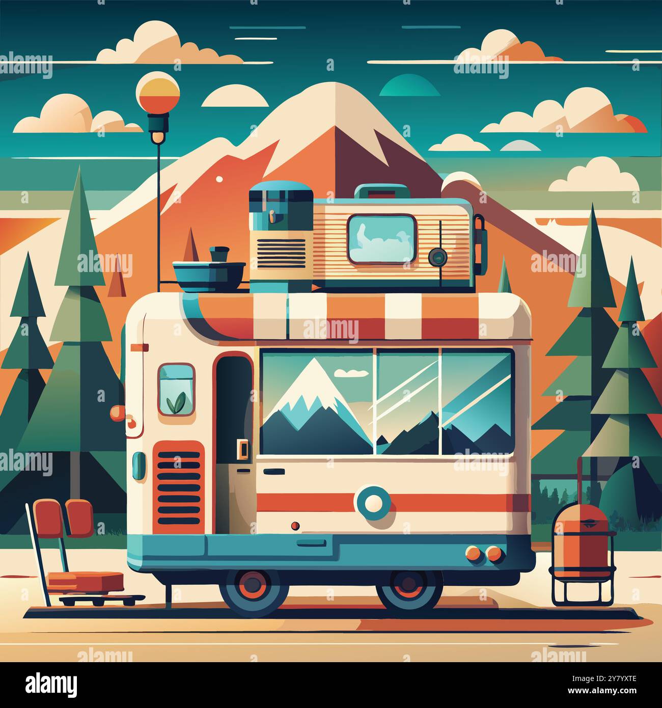 A retro style camper van with a mountain scene reflected in its window ...