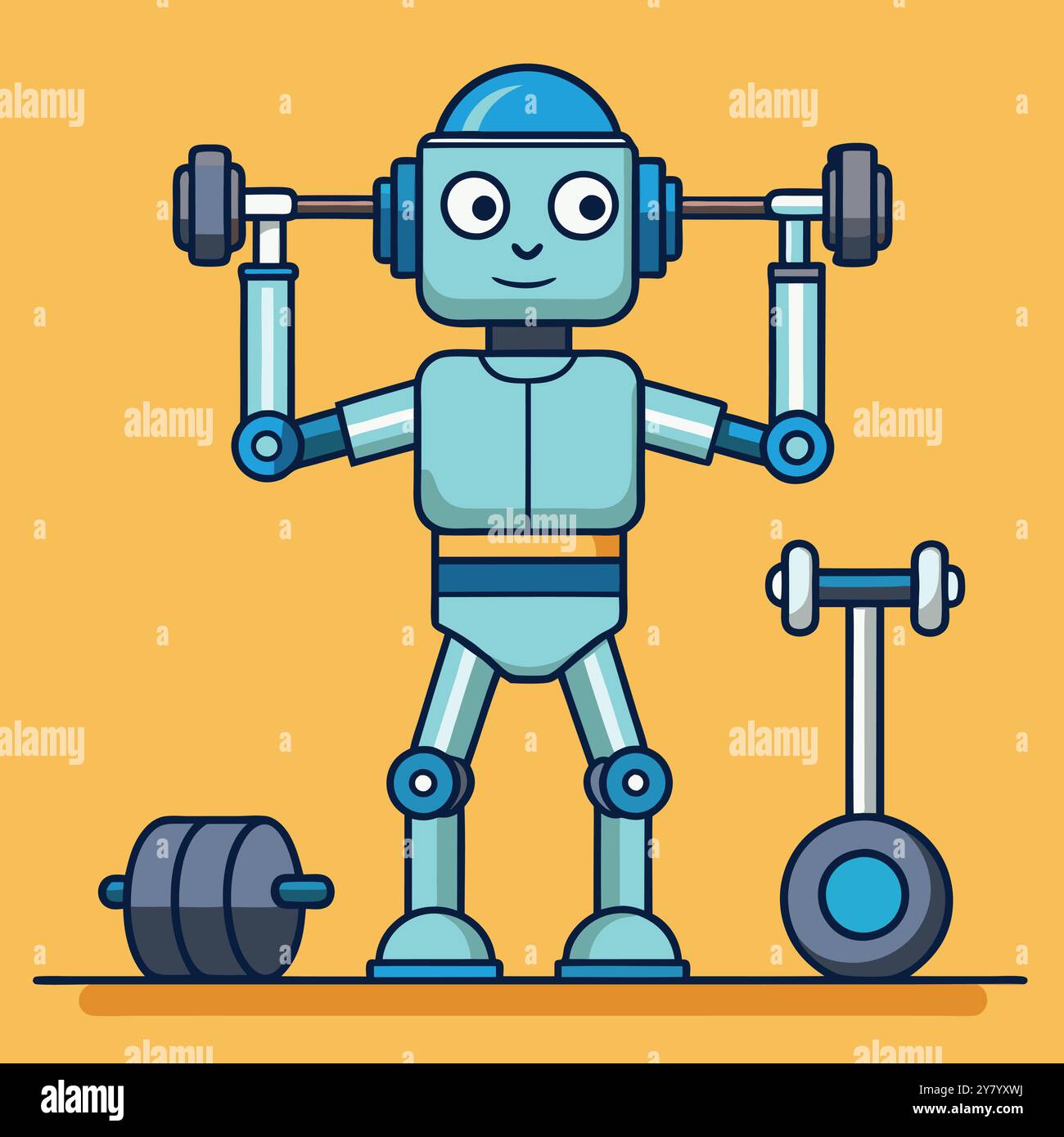 A friendly cartoon robot with a blue head lifts weights. showcasing ...