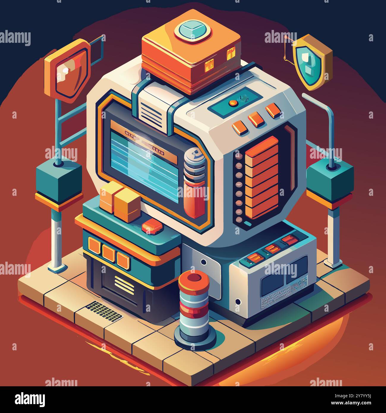 Isometric illustration of a futuristic. tech inspired building with a ...