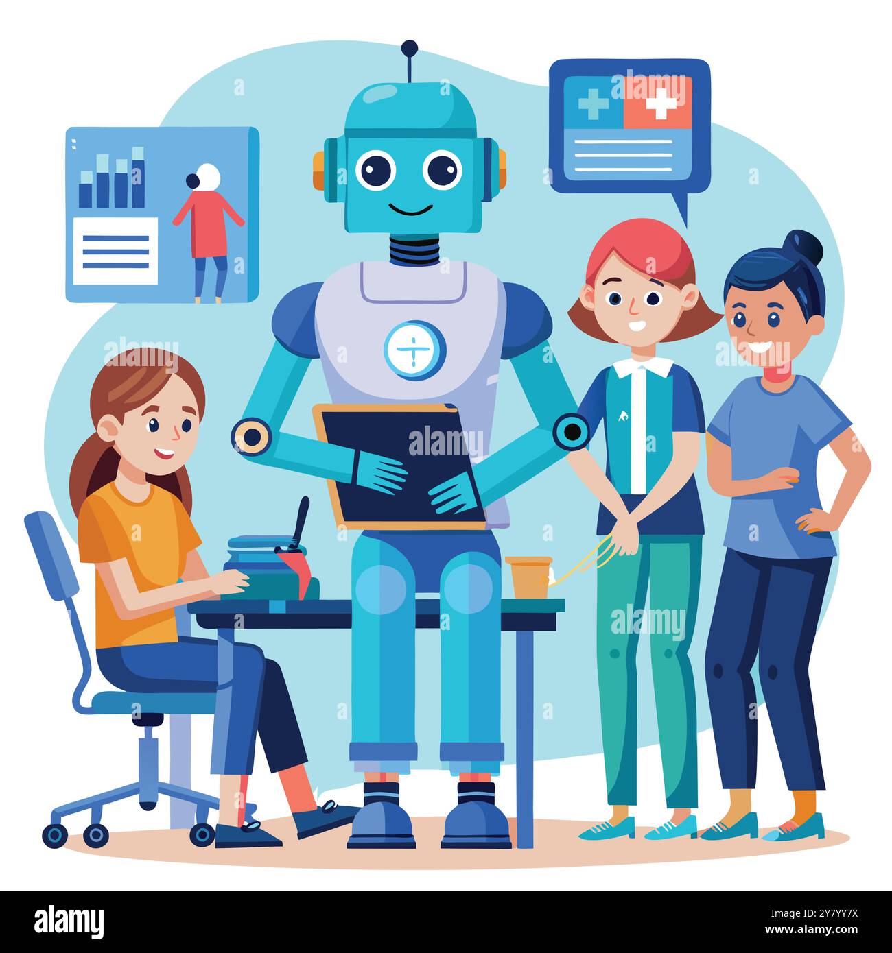 A friendly AI robot in a healthcare setting interacts with patients and ...