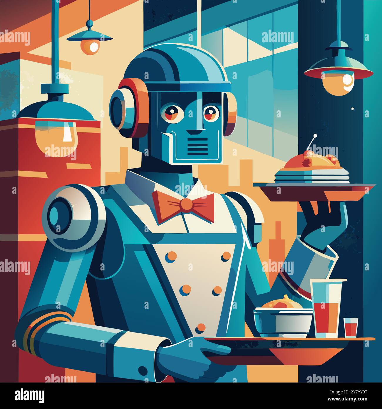 A friendly robot waiter in a retro style serves a tray with food and ...