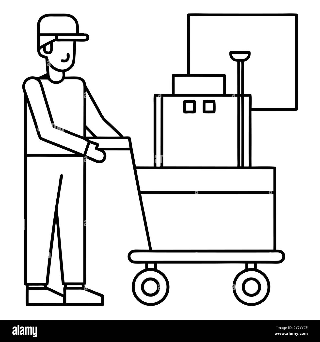 A simple line drawing of a delivery person pushing a cart loaded with ...