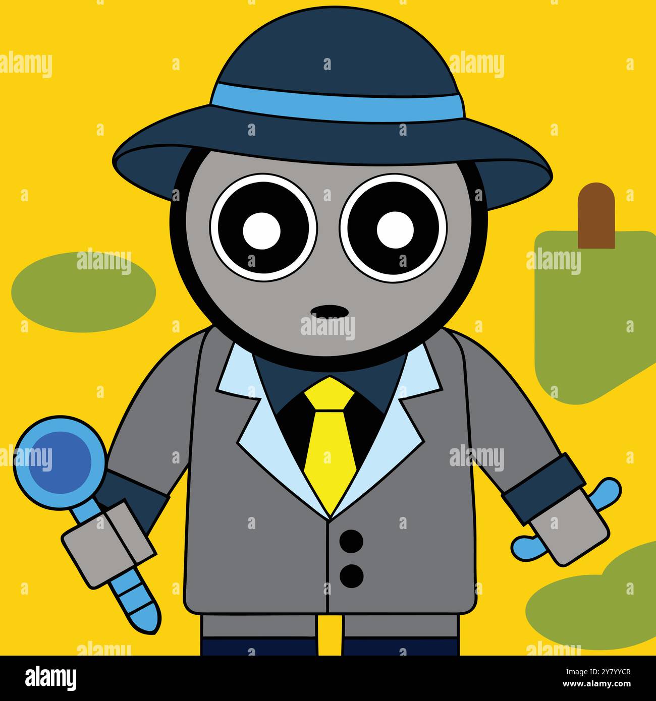 A cartoon robot wearing a suit and a hat. holding a blue stick. The ...