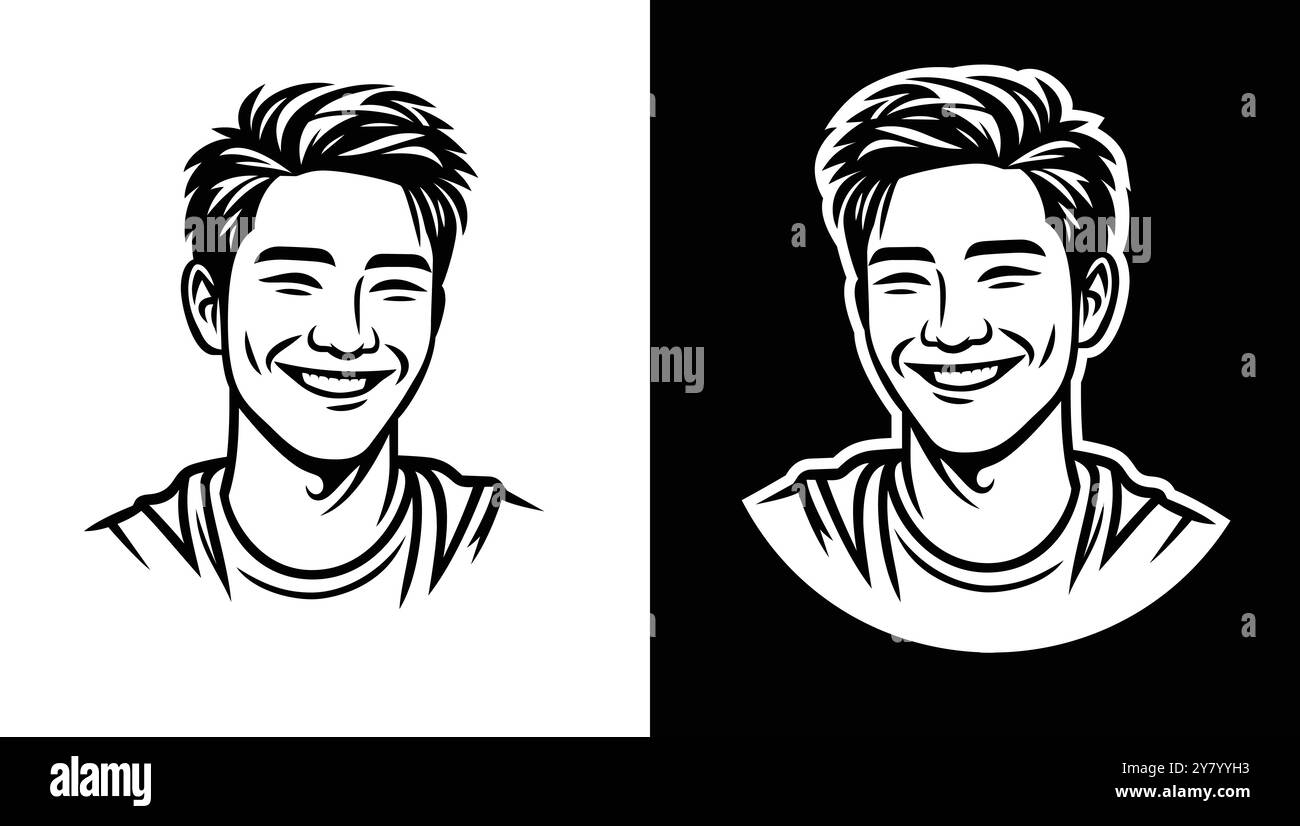 A smiling young Chinese man. A simple linear sketch. Realistic vector ...