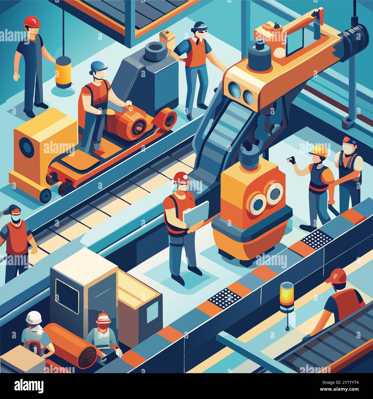 Isometric illustration of an industrial assembly line with workers ...