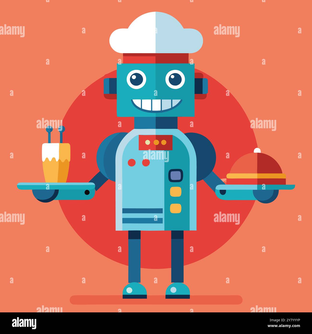 A friendly robot waiter holding a tray with food and drinks in a flat ...